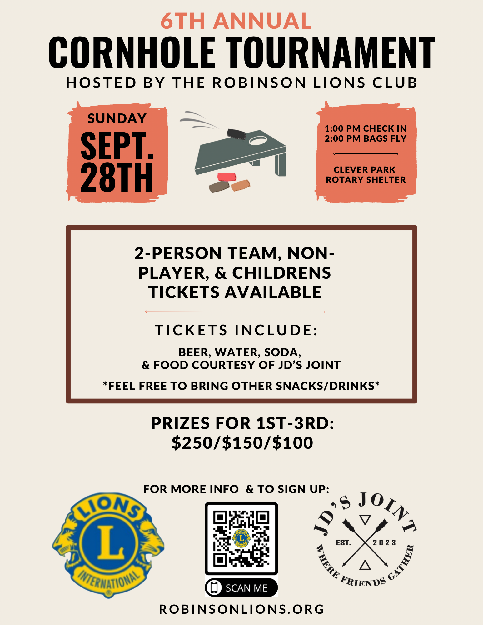 CORNHOLE TOURNAMENT sign 2025 – The Robinson Lions Club